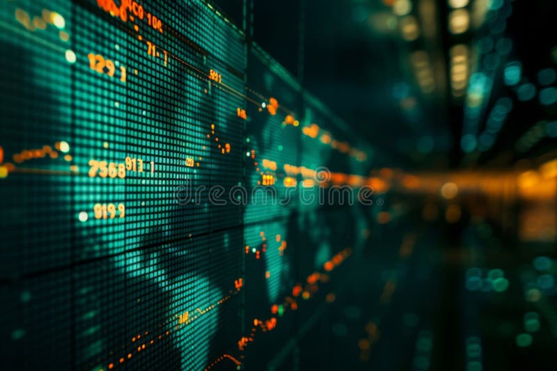 Green Digital Screen with Charts and Financial Data, Map View. Stock ...