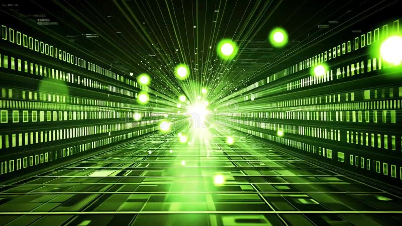 Green Digital Tunnel with Binary Code and Bright Light at the End. Perspective View Stock ...