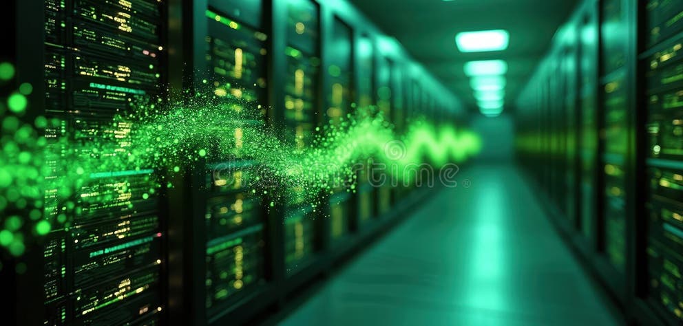 Green Digital Wave Flows through Modern Server Room. Data Processing ...
