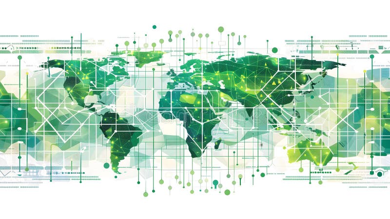 Green Digital World Map with Network Connections and Technological ...