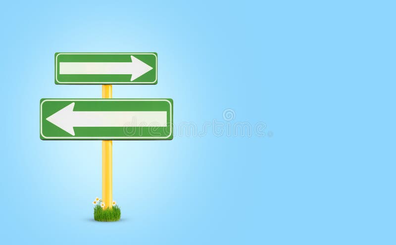 Green Direction Road Sign with Arrows on Blue Background. Copy Space ...
