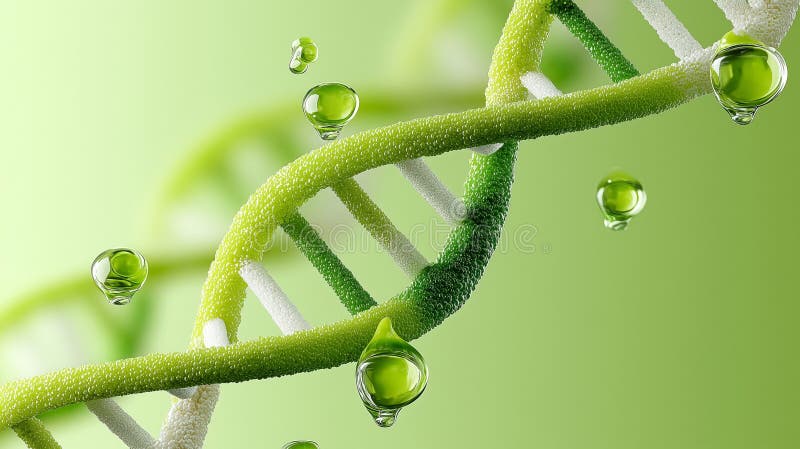 Green DNA Helix with Water Droplets and Cellular Structure Stock Photo ...
