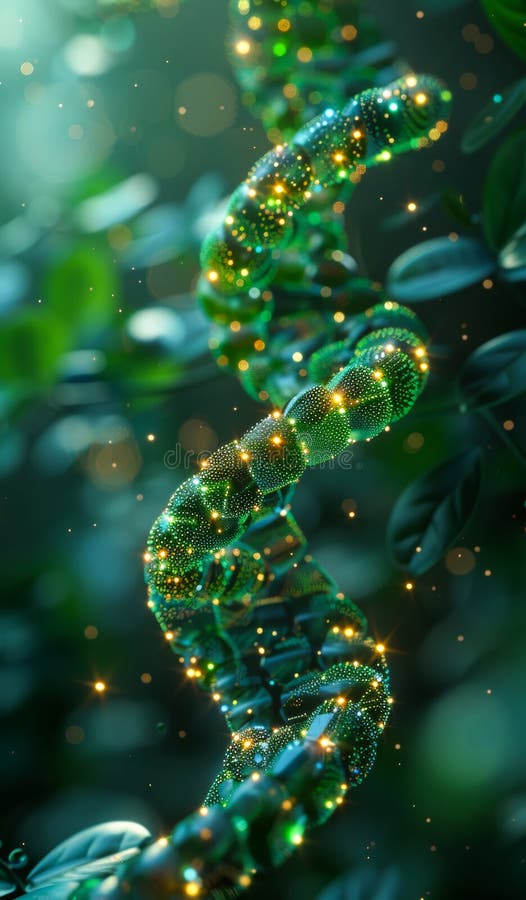 Green Dna Strand with Glowing Particles. a Close-up View of a Green DNA ...