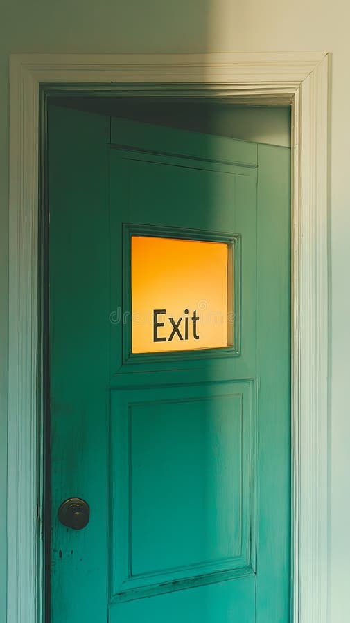 Green Door with Exit Sign Illuminated by Soft Light Stock Image - Image ...