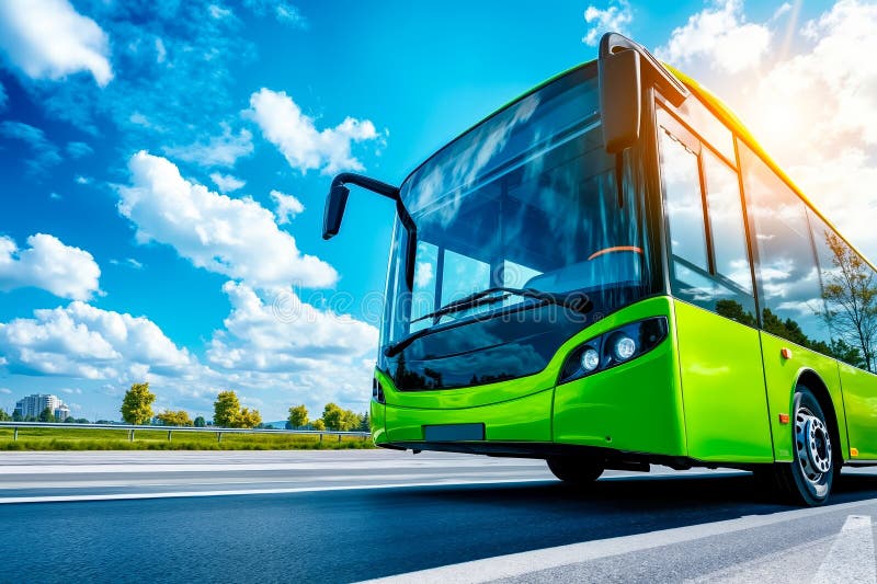 A Green Bus Driving Down a Road with a Blue Sky in the Background Stock ...