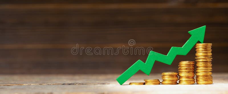 Green Down Arrow. Stack of Gold Coins, Steps Up. Making Money Concept ...