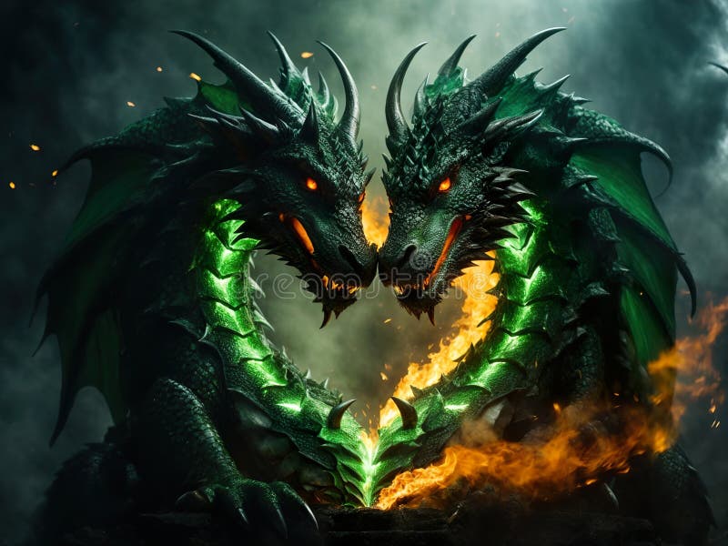 Green Dragon Breathe Fire in Shape of Heart, One Head, Flame in Shape ...