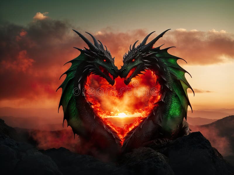 Green Dragon Breathe Fire in Shape of Heart, One Head, Flame in Shape ...