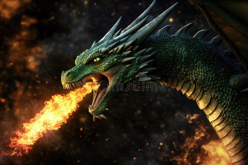 A Green Dragon Breathing Fire, a Powerful Mythical Creature Stock Photo ...
