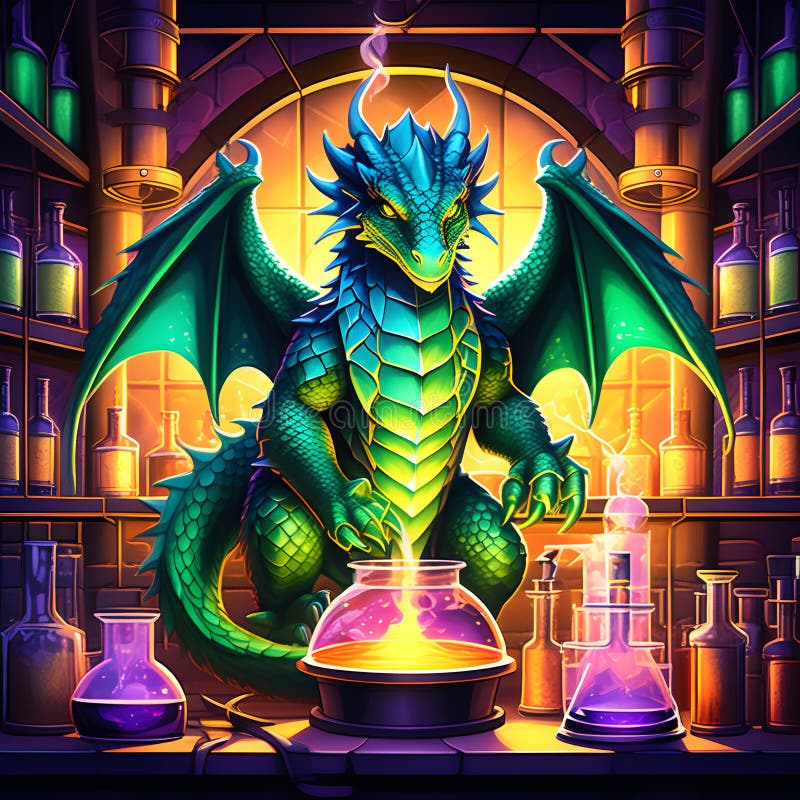 Green Dragon Brewing a Magic Potion Stock Illustration - Illustration ...
