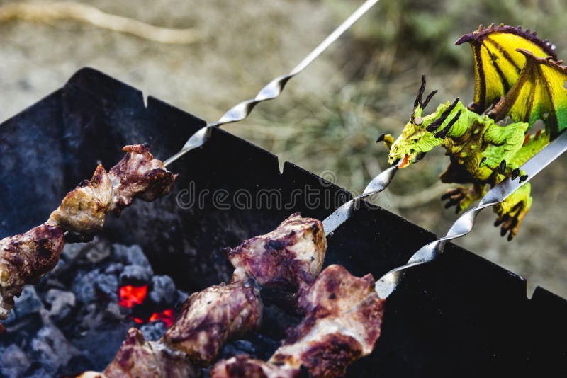 Green Dragon is Cook Roasted Meat Stock Photo - Image of skewer, meat ...