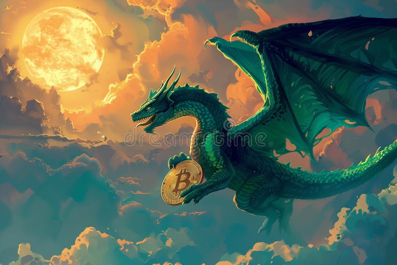 Green Dragon Flying with Cryptocurrency Coin in Paws, Symbol of Wealth ...