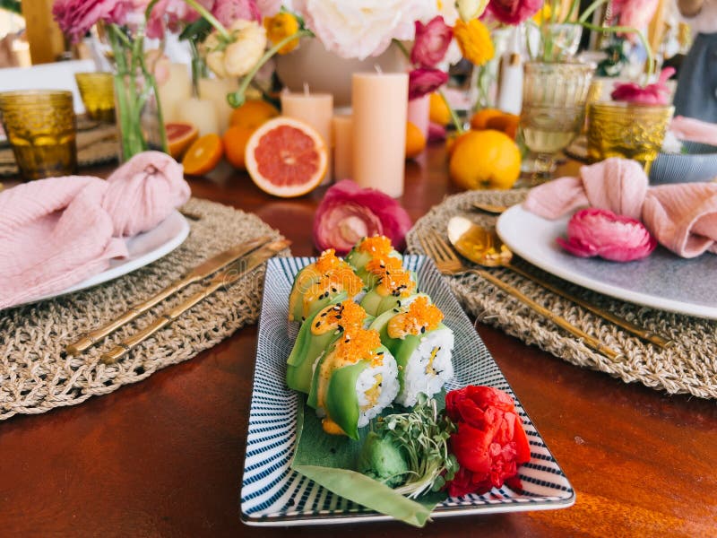 Green Dragon Rolls Lie on a Bamboo Leaf on a Rectangular Dish on the ...