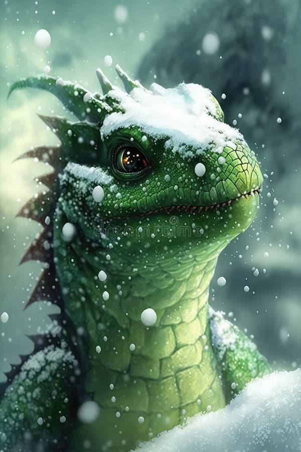 Green Dragon in the Snow, Generative AI Stock Illustration ...