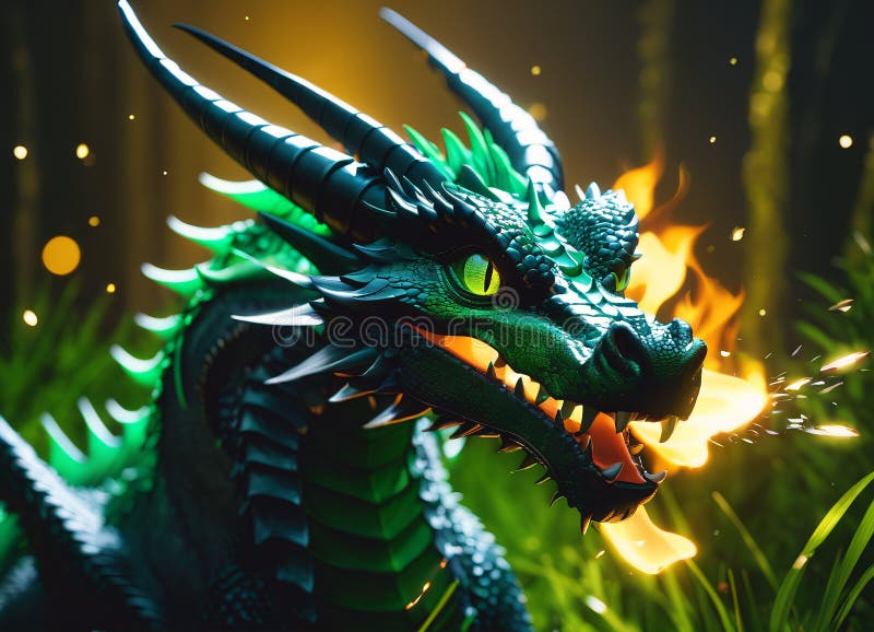 The Green Dragon Spews Fire in the Forest Stock Illustration ...