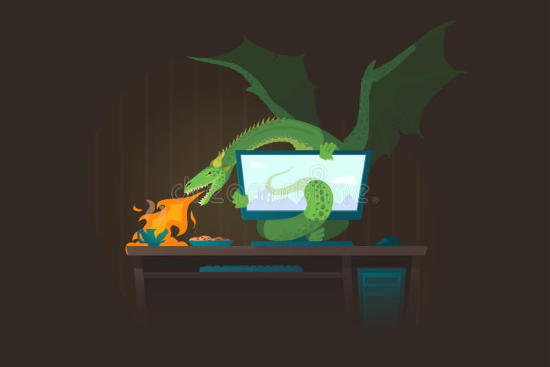 Green Dragon Vector Illustration. Fantasy Scene with a Dragon Bursting ...