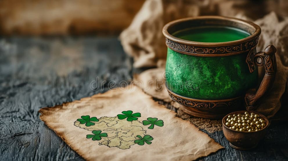 Green Drink in Antique Mug with Shamrock Map Stock Illustration ...