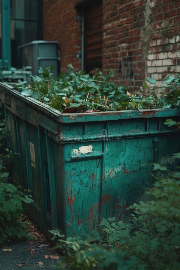 A Green Dumpster Sits in Front of a Brick Building, a Common Urban ...