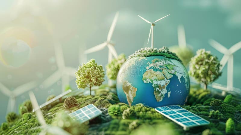 Green Earth Concept with a Globe Surrounded by Wind Turbines and Solar ...
