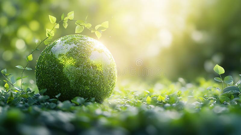 Green Earth Globe with Plants, Sunlight, and Lush Greenery Stock ...