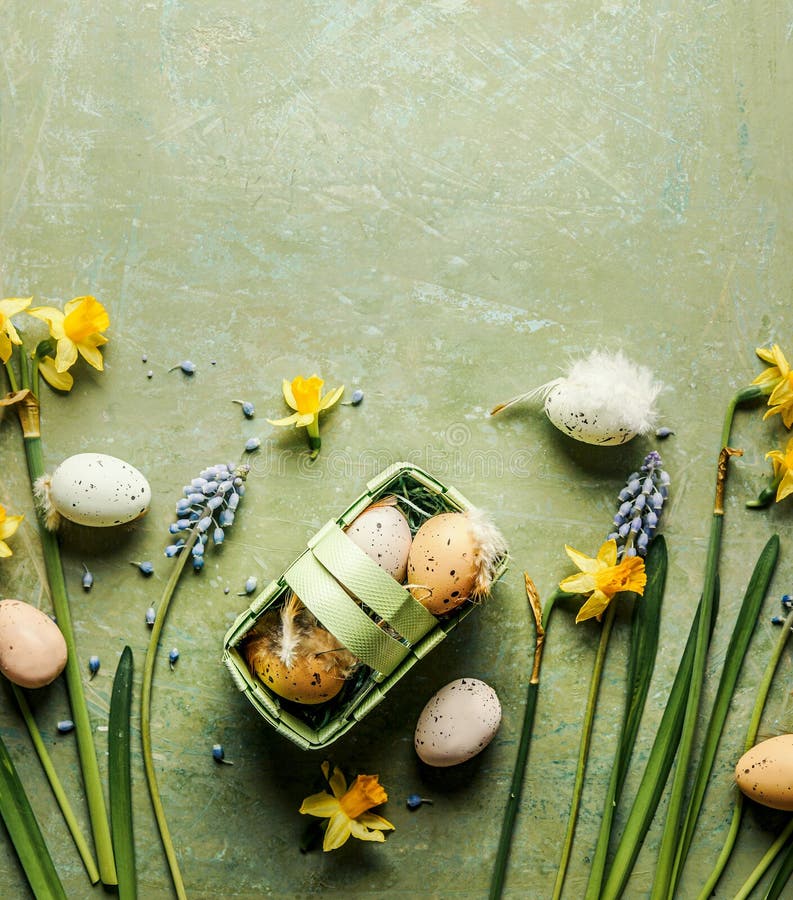 Green Easter Background with Springflowers and Easter Eggs in Little ...