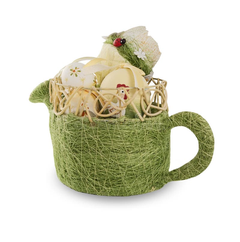 Green Easter Basket with Colored Eggs and a Ladybug on a White Stock ...