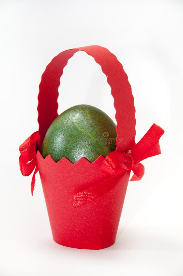 Green Easter Egg in Red Carton Basket Stock Image - Image of decorated ...