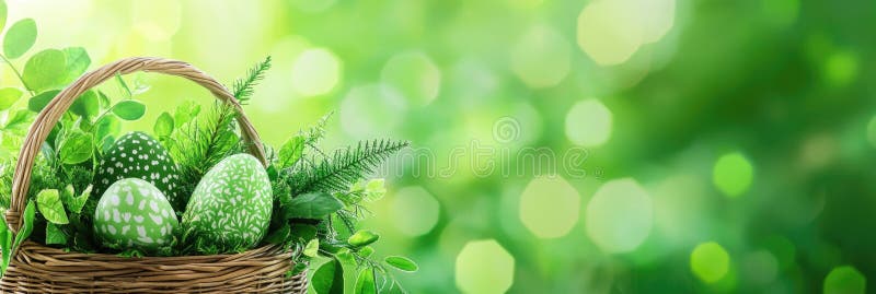 Green Easter Eggs in Basket with Fresh Spring Leaves and Bokeh ...
