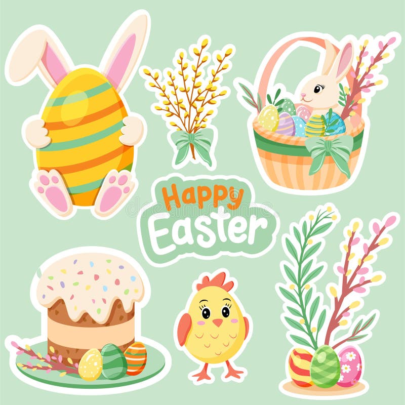 Green Easter Stickers with Bunny Chick and Festive Elements Stock ...