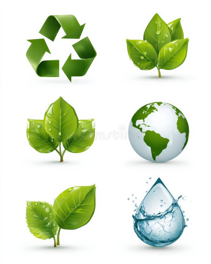 Green Eco-friendly Symbols Including Leaves, Recycling, and a Globe ...
