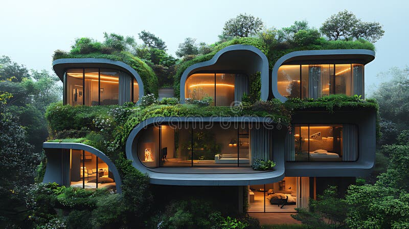 Green Eco-house, Forest Setting, Night Lighting, Architectural Render ...