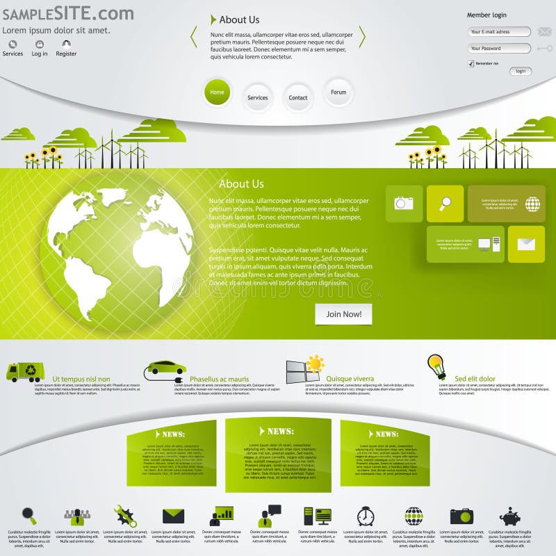 Green Eco Website Template with Icons Set. Stock Vector - Illustration ...