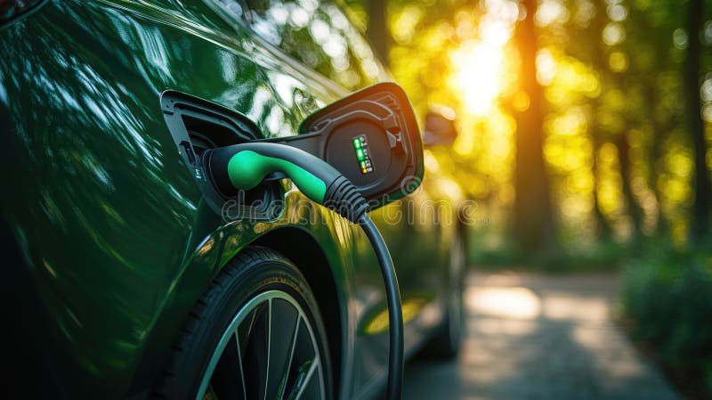 Green Electric Car Charging in Sunlit Forest Setting Stock Image ...