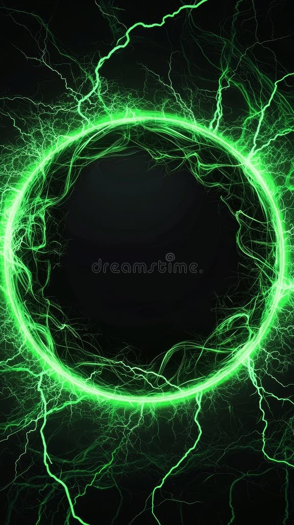 Green Electric Lightning Forming a Dynamic Circular Frame Against a ...