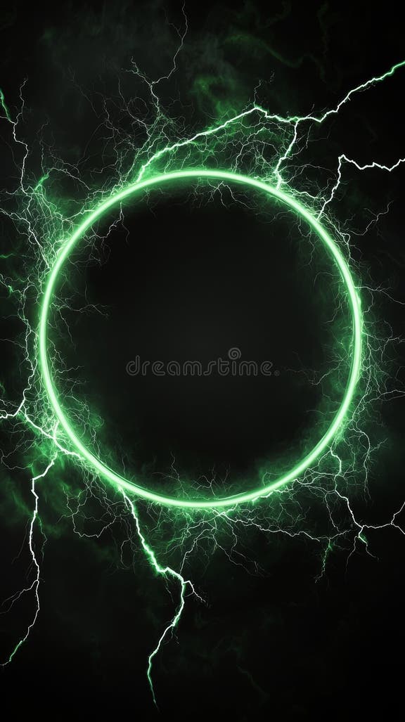 Green Electric Lightning is Surrounding a Circular Frame on a Dark ...
