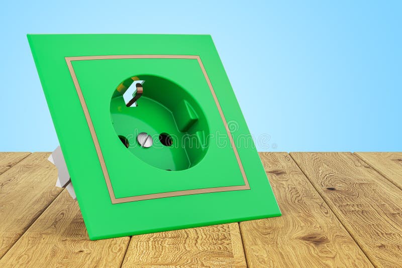 Green Electric Socket on Wooden Desk, 3D Rendering Stock Illustration ...