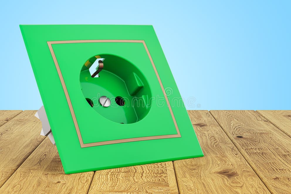 Green Electric Socket on Wooden Desk, 3D Rendering Stock Illustration ...
