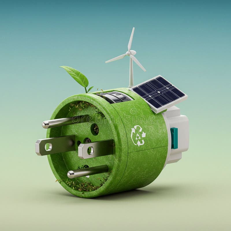 A Green Electrical Plug with Prongs, Featuring a Leaf Sprouting from it ...