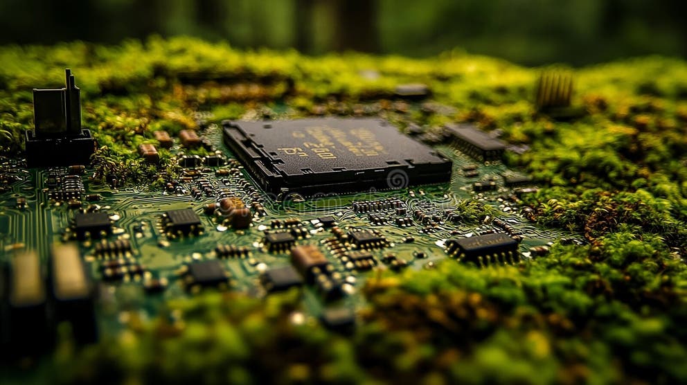 Green Electronic Circuit Board with Microchips and Natural Moss ...