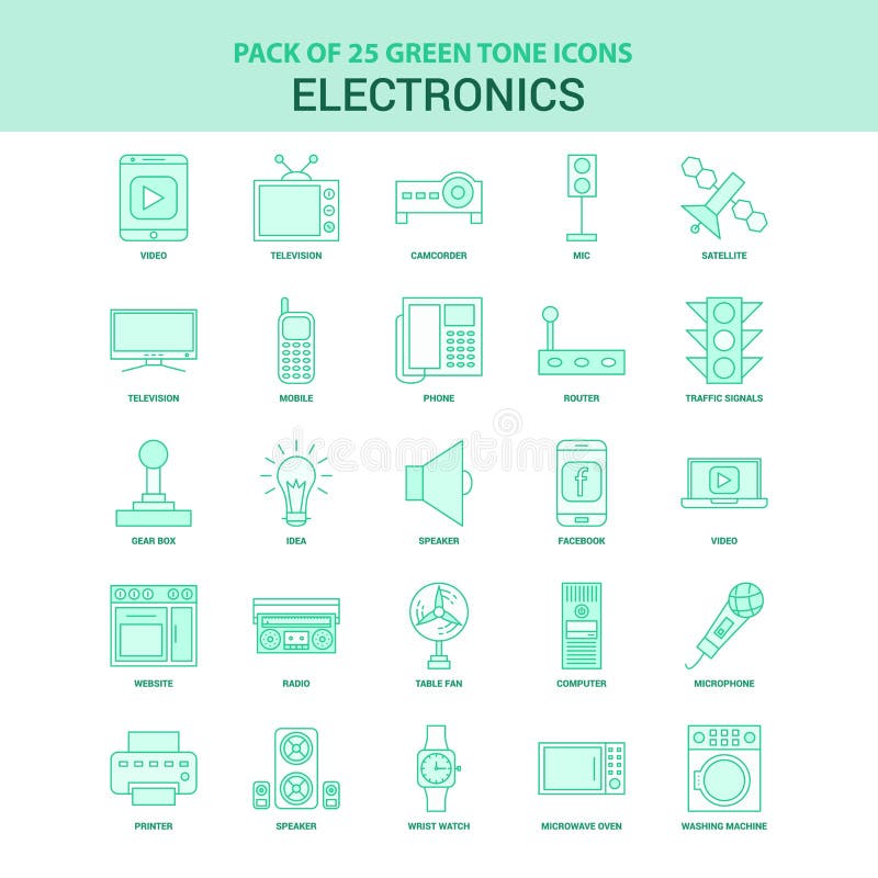 25 Green Electronics Icon Set Stock Vector - Illustration of machine ...