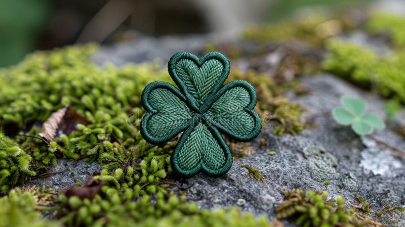 Green Embroidered Four-leaf Clover Patch on Mossy Rock in a Natural ...