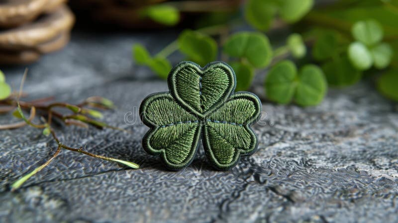 Green Embroidered Four-leaf Clover Patch on Textured Surface Surrounded ...