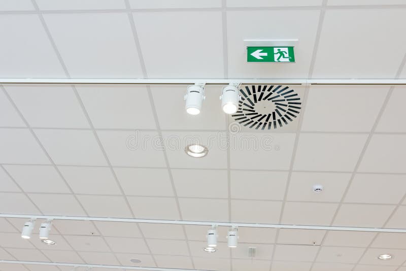 Green Emergency Exit Sign on Ceiling, Modern Light, Hatch for Co Stock ...