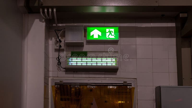 Green Emergency Exit Sign Showing the Way To Escape. Fire Exit in the ...