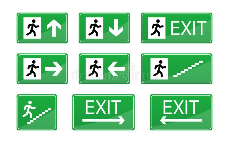 Green Emergency Fire Exit Sign Collection. Set of Emergency Exit or ...