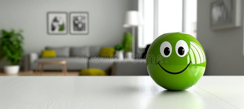 Green Emoji Face Emoticon on a White Table with Blurred Interior Decor ...