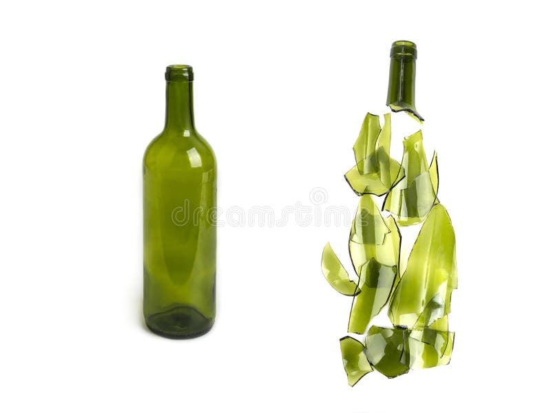 Green Empty Glass Bottle and Broken One on a White Stock Photo - Image ...