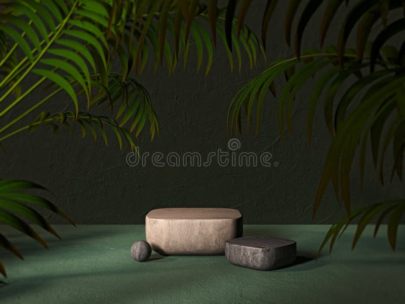 Green Empty Mock Up Space with Platforms and Green Palm Leaf Decoration ...