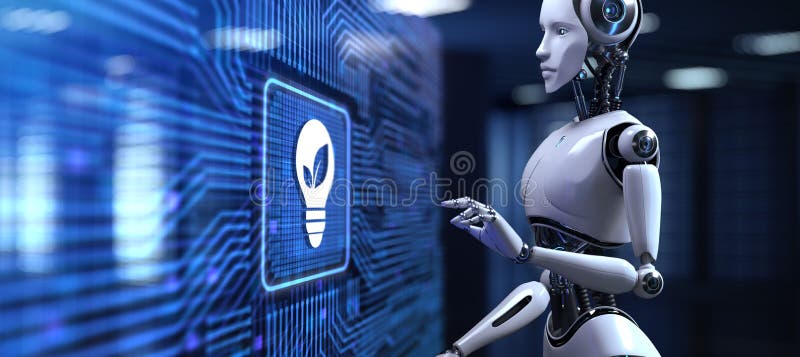 Green Energy Alternative Eco-friendly Renewable. Robot Pressing Button ...