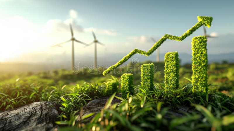 Green Energy Growth Chart with Wind Turbines in a Sunny Landscape Stock ...